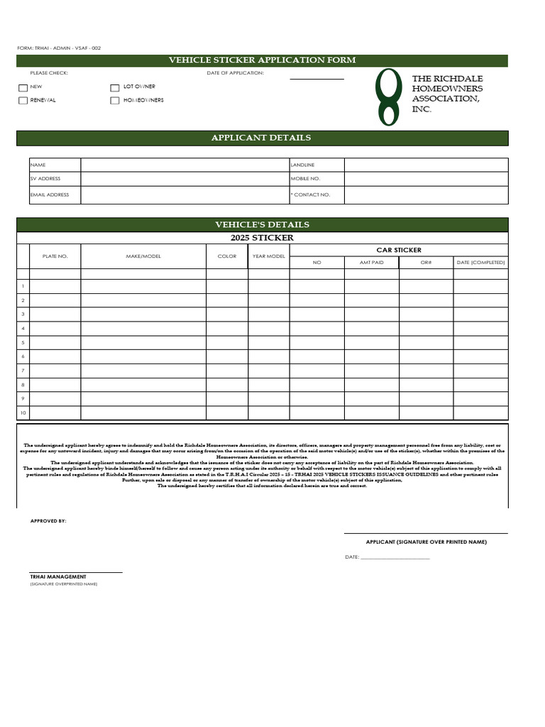 Vehicle Sticker Application Form 2025 | PDF | Common Law | Private Law