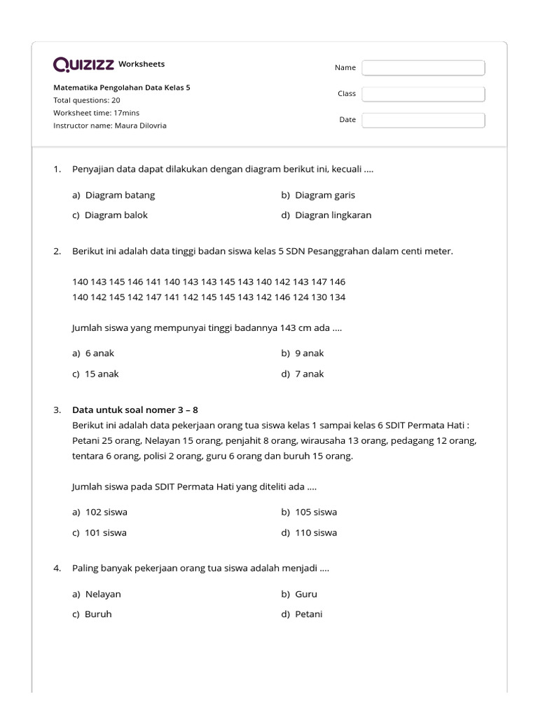 Worksheet Matematika Kelas 5 Data | PDF