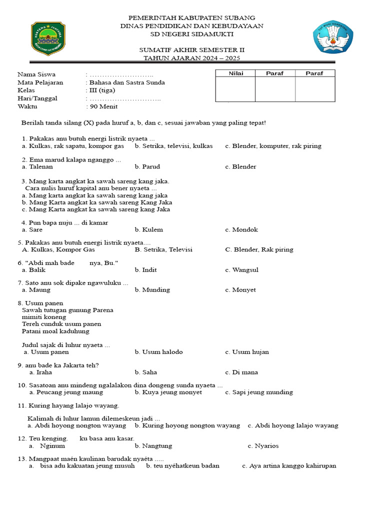 Kelas 3 Soal Basa Sunda | PDF