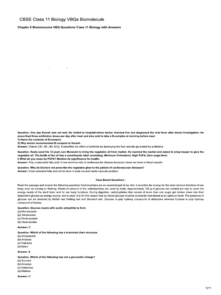 CBSE Class 11 Biology VBQs Biomolecule - 1 | PDF