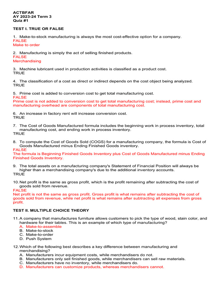 Actbfar Answer Key Review-Quiz #1 | PDF | Cost Of Goods Sold | Inventory