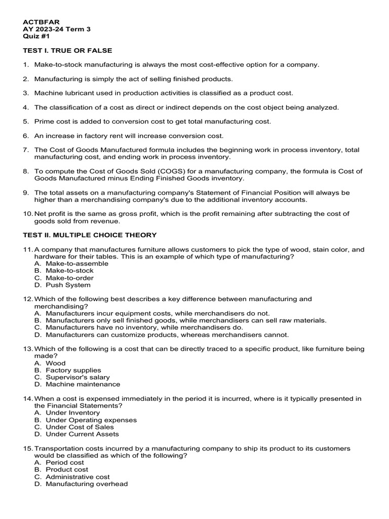 ACTBFAR Review Quiz #1 Questionnaire | PDF | Cost Of Goods Sold ...