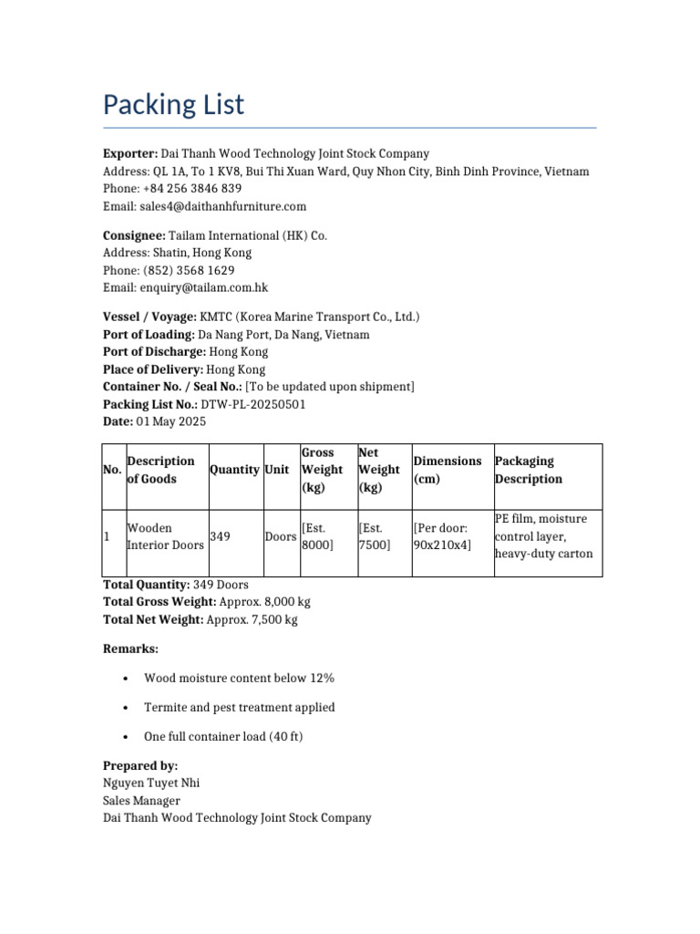 Logistics Packing List Template | PDF