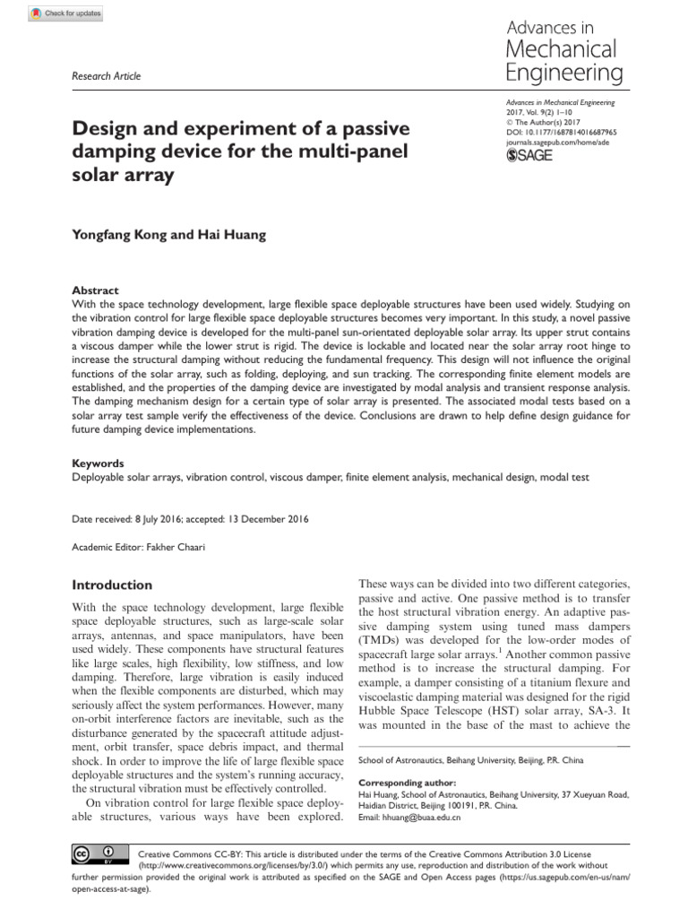 Solar Panel - Analysis - Design and Experiment of A Passive Damping Device For The Multi-Panel ...