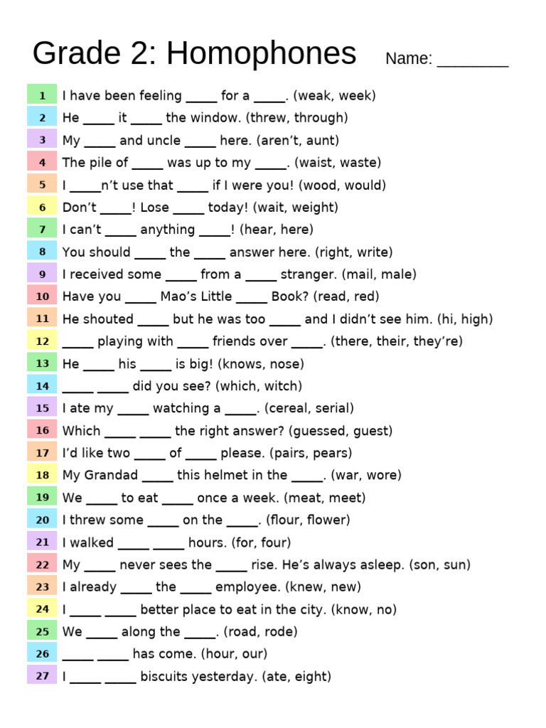 Grade 2 Homophones Worksheet | PDF