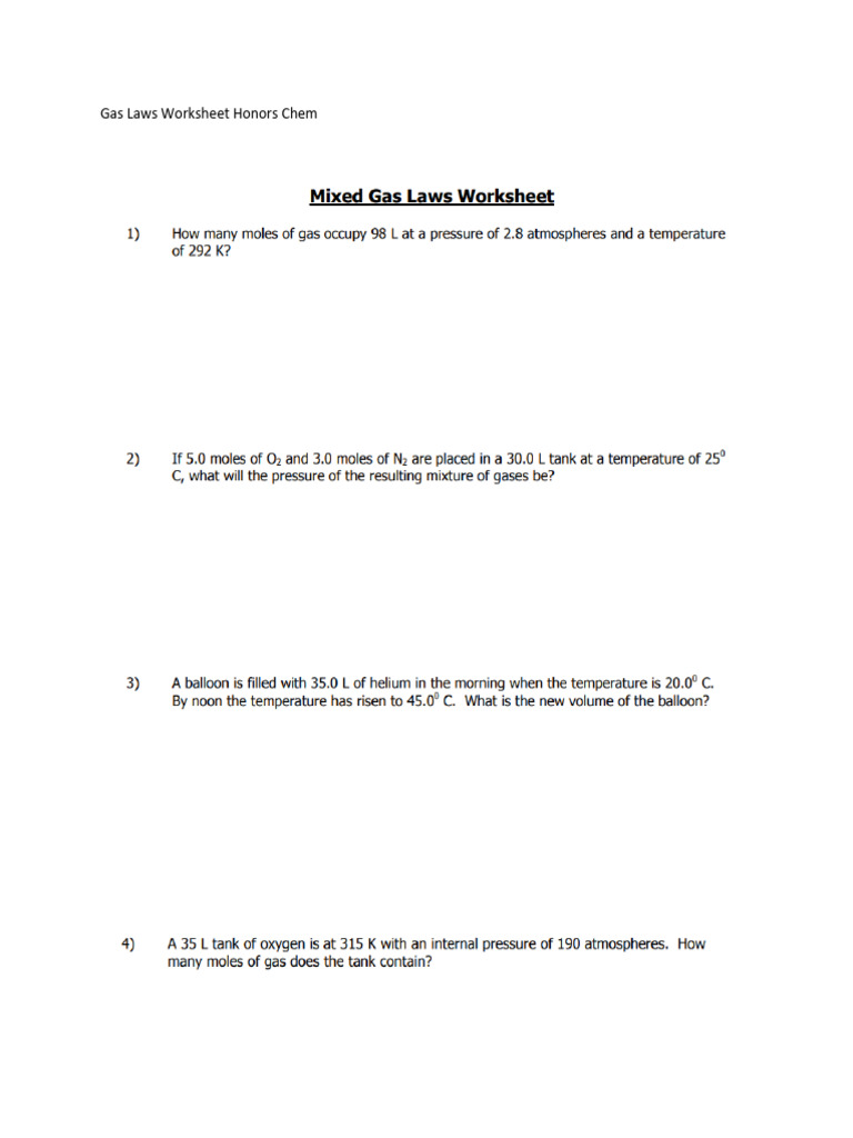 Gas Laws Worksheet Honors Chem | PDF