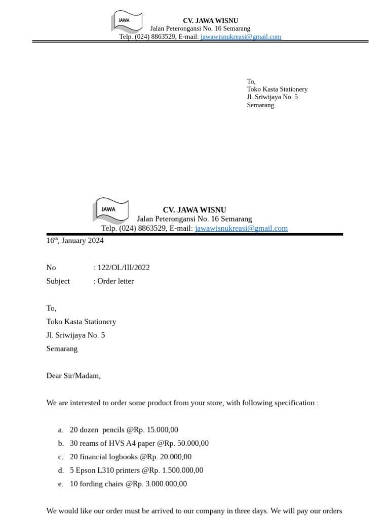 CV Jaw Wisnu Order Letter | PDF
