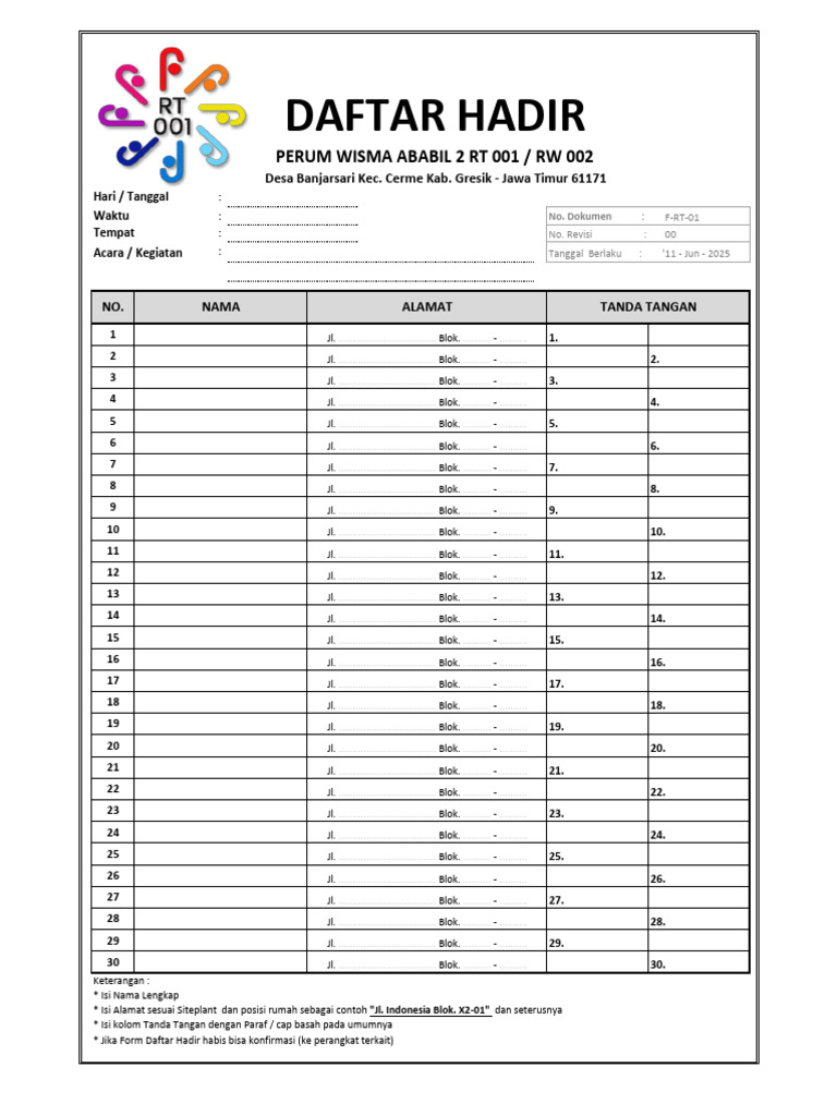 Daftar Hadir RT 001 | PDF