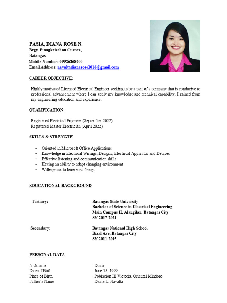 Pasia, Diana Rose - CV - Electrical Engineer | PDF