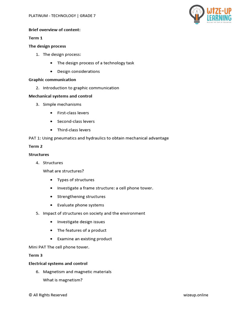 Grade 7 Platinum Technology Textbook Summary | PDF | Lever