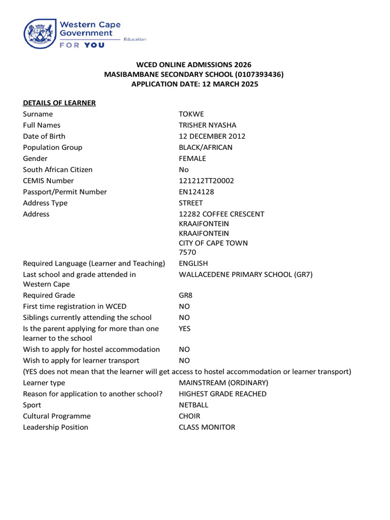 Wced Online Admissions 2026 Masibambane Secondary School (0107393436 ...