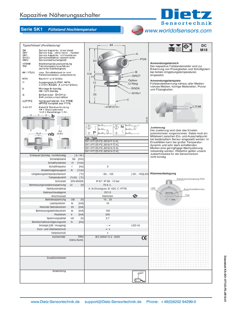 Level Sensors Capacitive Sensors Rod Probe SK1 HT125 FS JM18 P S KL Datasheet | PDF | Measuring ...