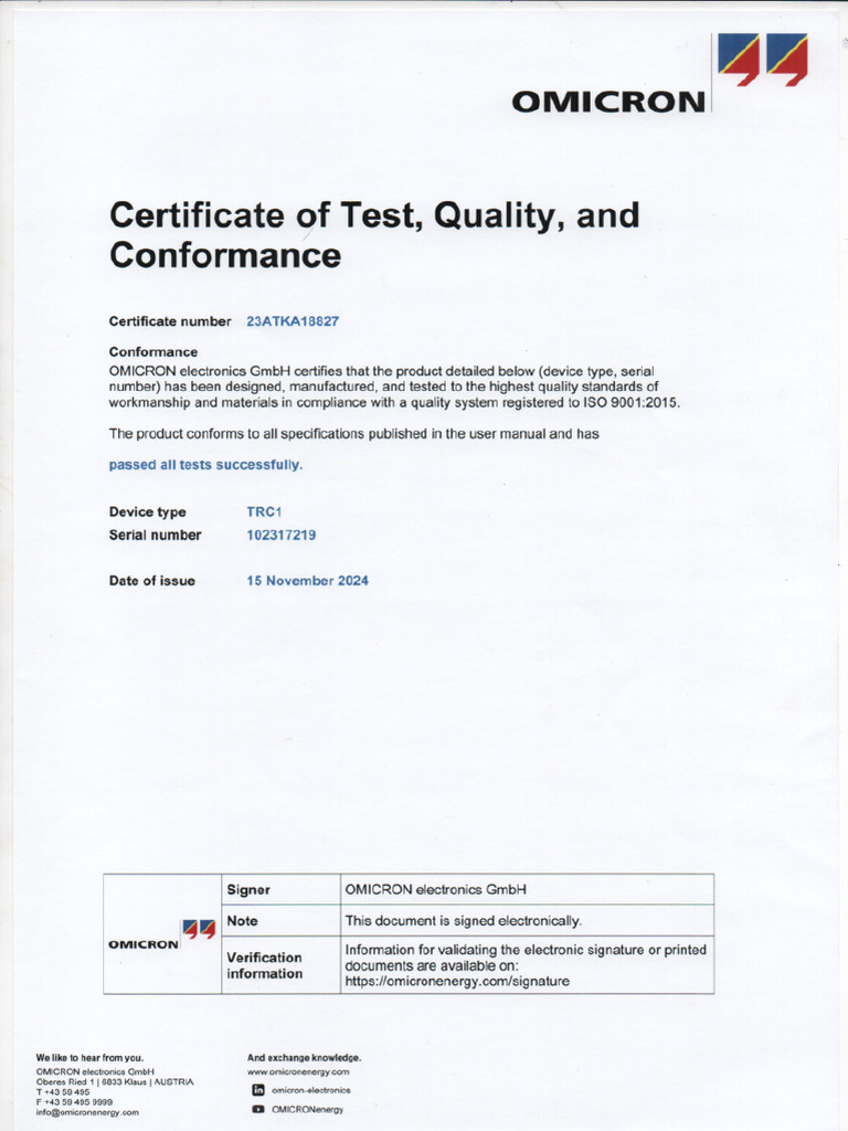 Calibration Report TRC1 (102317219) | PDF