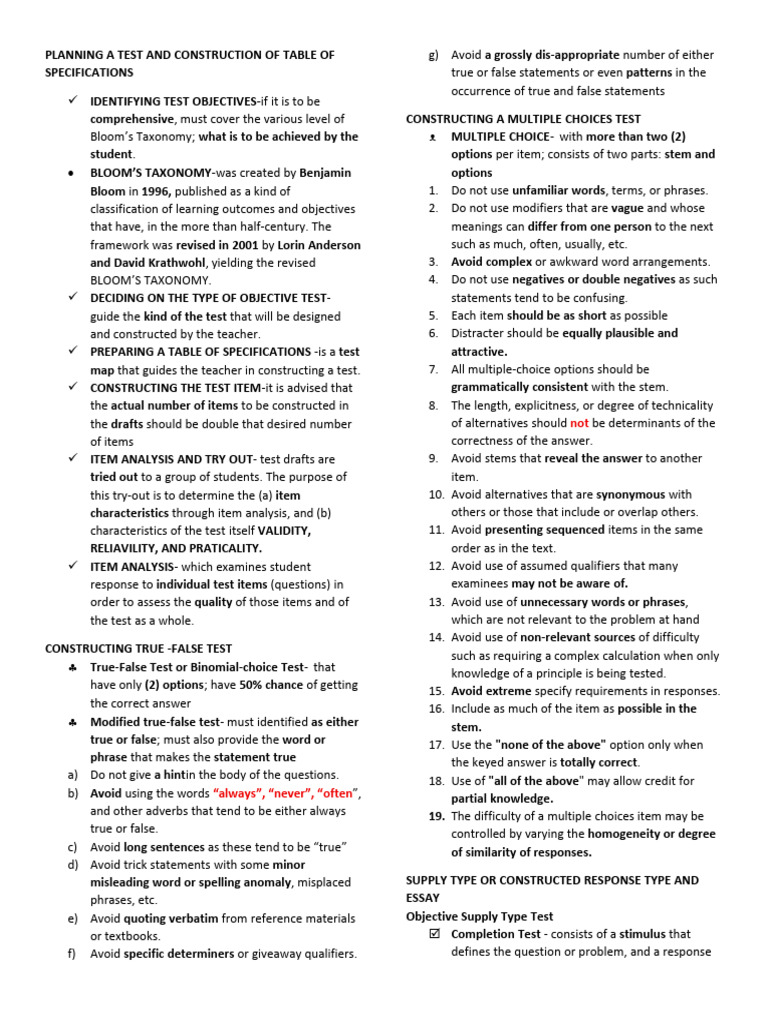 Test Planning and Construction Guide | PDF | Educational Assessment ...