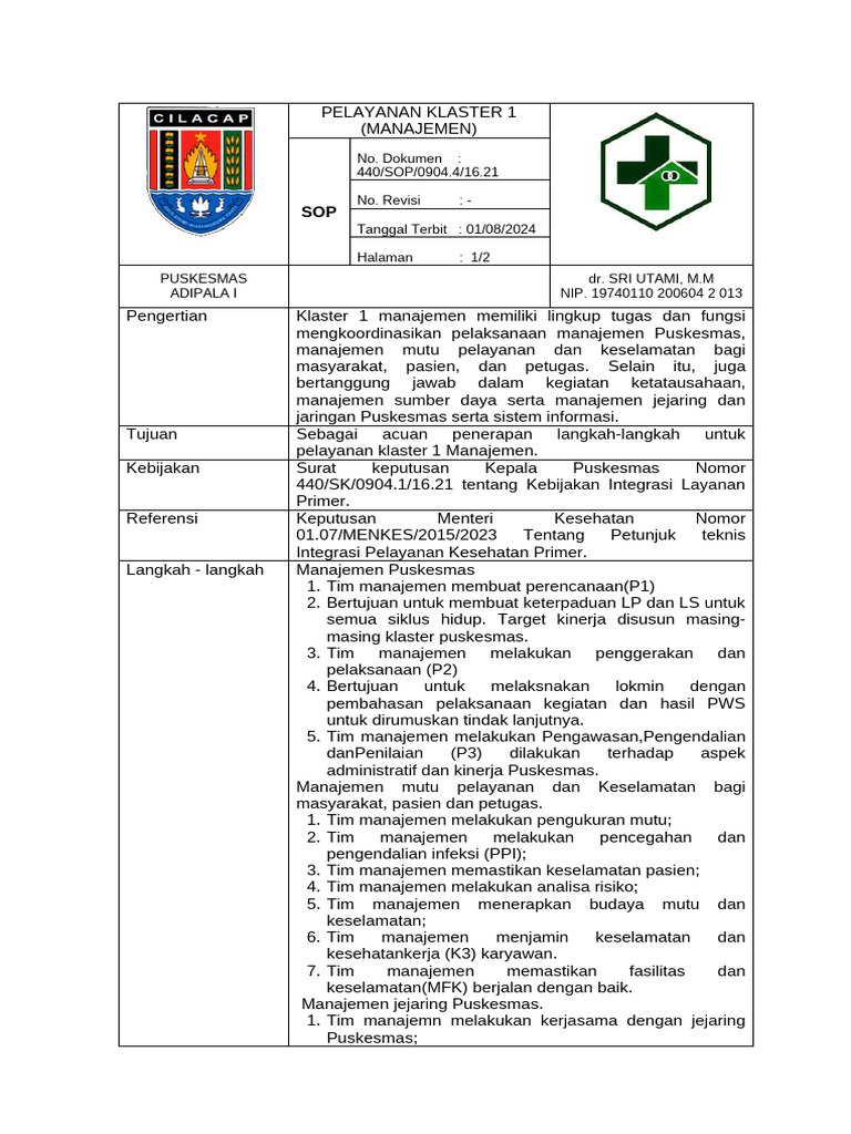 SOP Pelayanan Klaster 1 Puskesmas | PDF