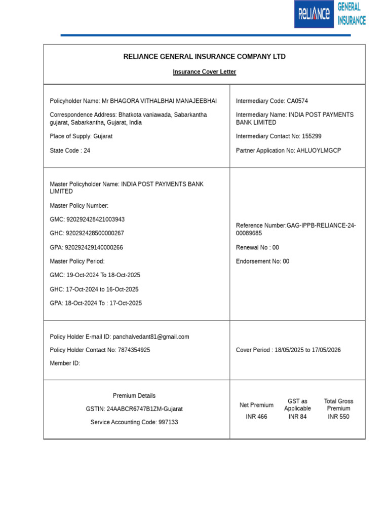 Reliance Gag Coi Certificate 10lakh Gag Ippb Reliance 24 00089685 | PDF | Insurance | Childbirth