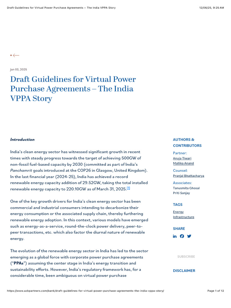 Draft Guidelines For Virtual Power Purchase Agreements - The India VPPA ...