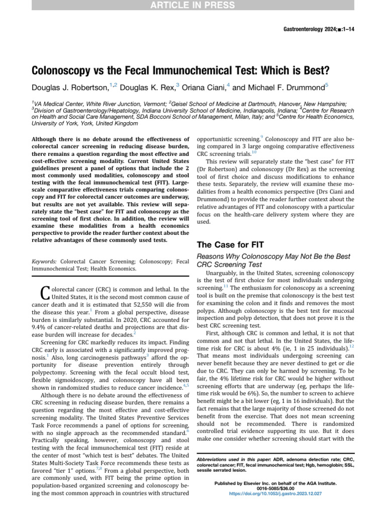 Colonoscopy vs FIT: Best CRC Screening? | PDF | Colonoscopy | Screening ...