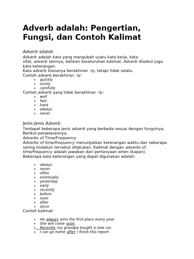 Adverb Adalah Pengertian, Fungsi, Dan Contoh Kalimat | PDF
