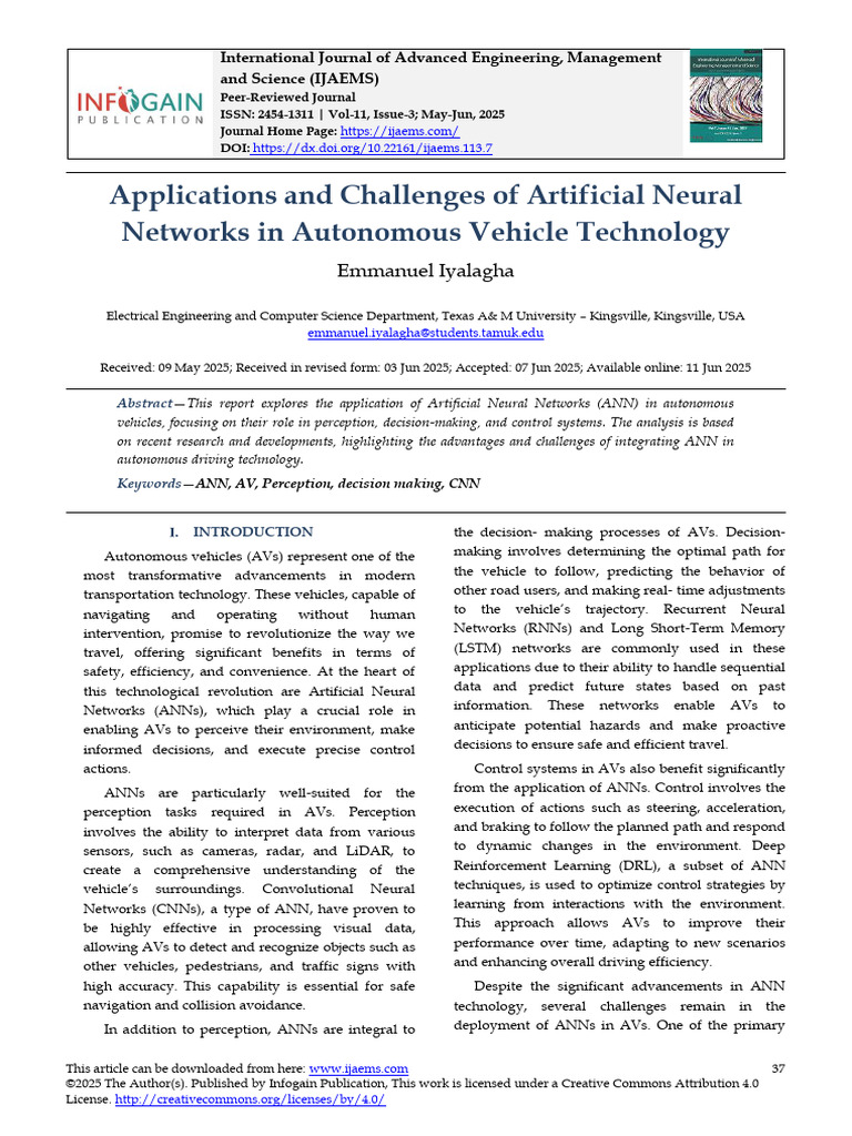 Applications and Challenges of Artificial Neural Networks in Autonomous ...