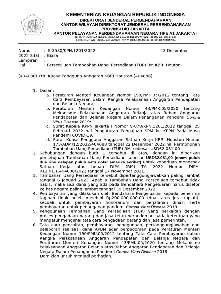 Format Persetujuan TUP Satker Non TNI | PDF