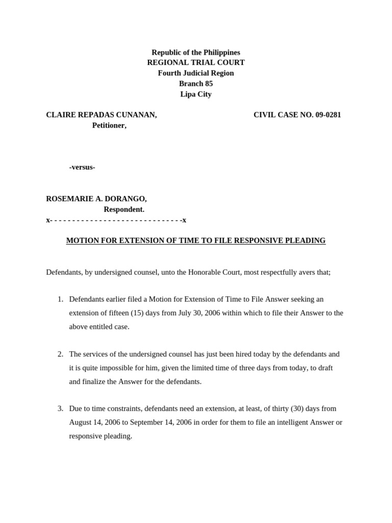 Motion For Extension of Time To File Responsive Pleading | PDF | Pleading | Lawsuit