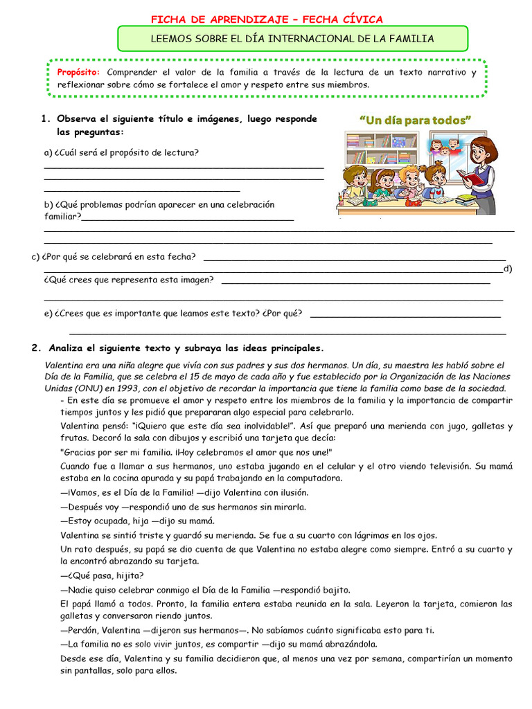 Ficha-Fecha Civica - Leemos Sobre El Día Internacional de La Familia | PDF