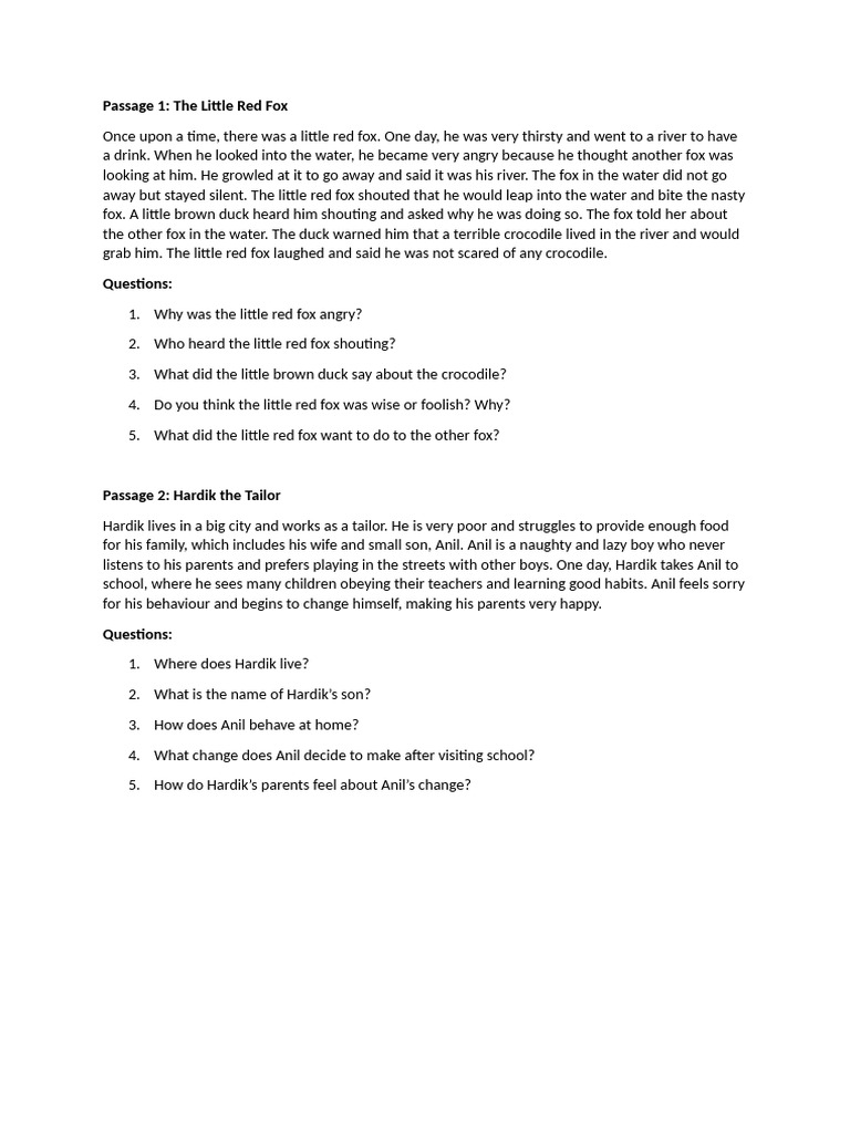 Passage 1: The Little Red Fox | PDF | Trees | Lion