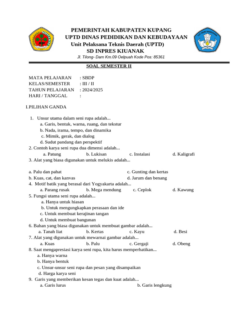 Soal Pas Seni Rupa Kelas 3 Semester 1 | PDF