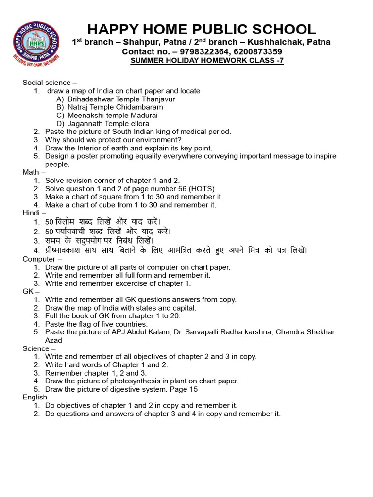 Class 7 Holiday Homeworks | PDF