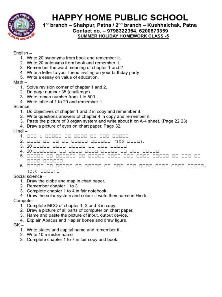 Class 5 Summer Holiday Homework | PDF