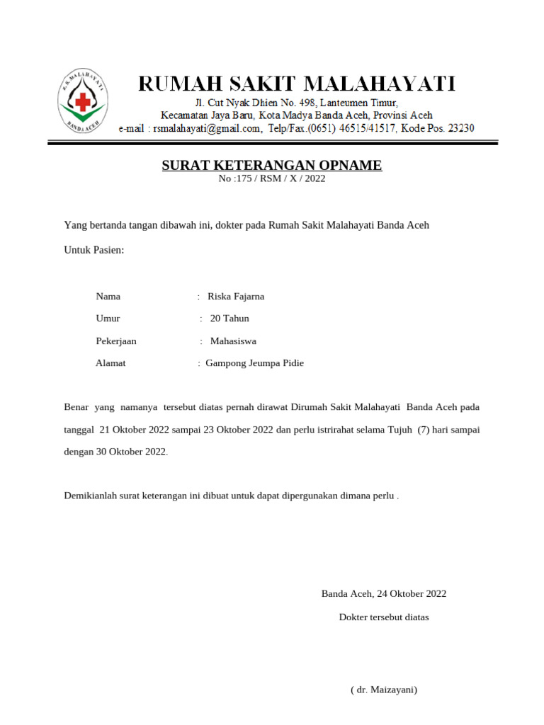 Surat Keterangan Opname Pasien | PDF