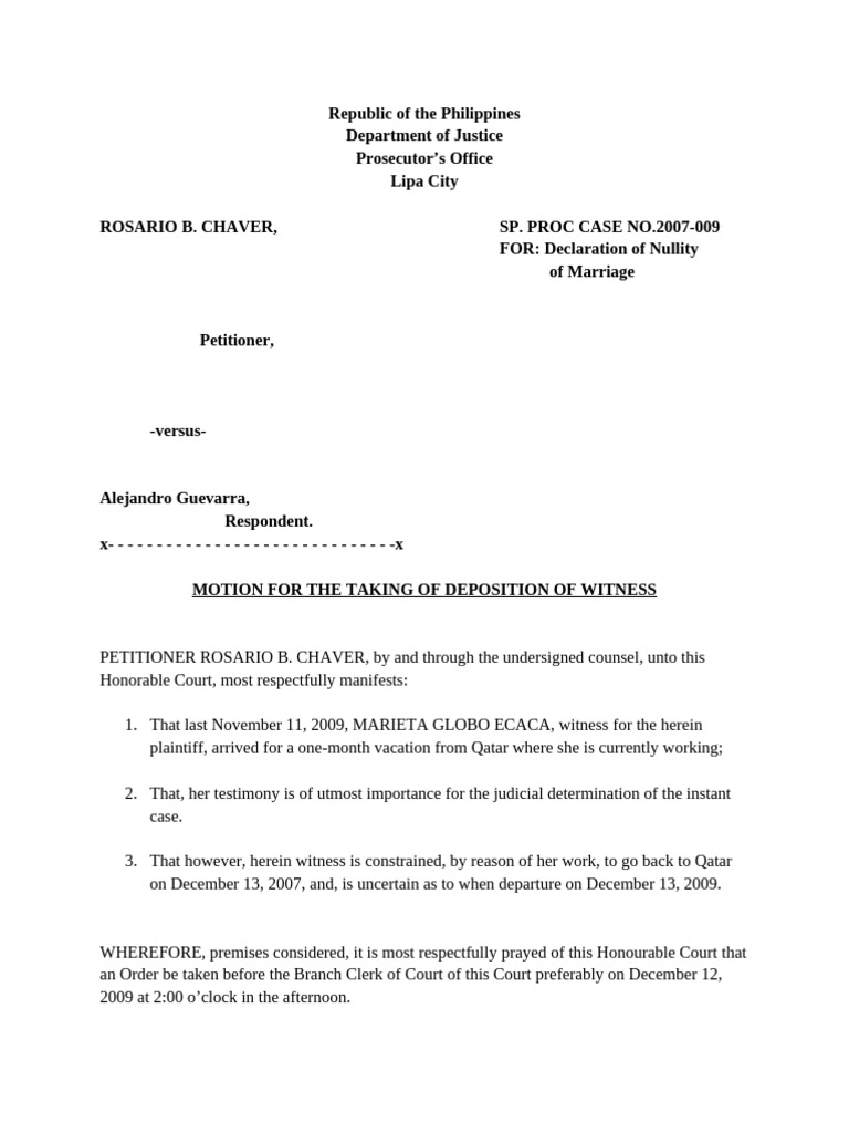 Motion For The Taking of Deposition of Witness | PDF | Justice | Crime ...