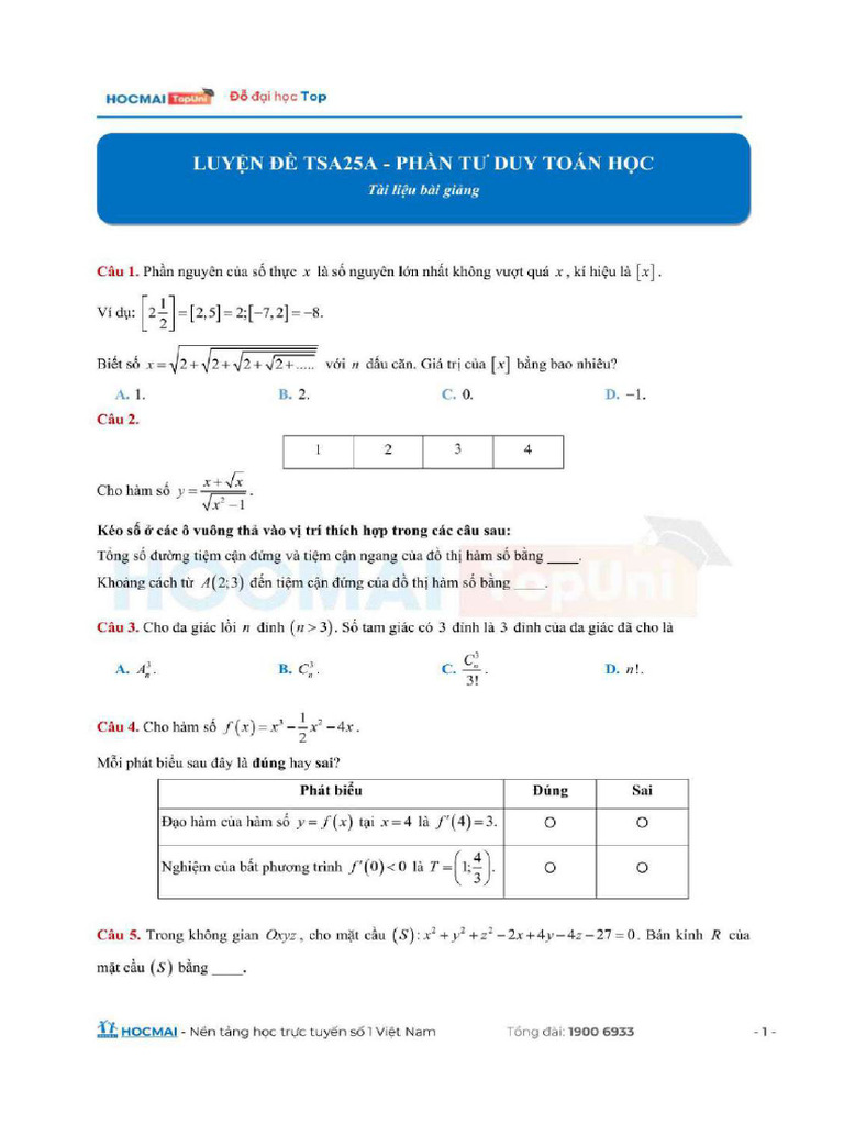 Buoi 01 Luyen de TSA25A Phan Tu Duy Toan Hoc de Thi | PDF