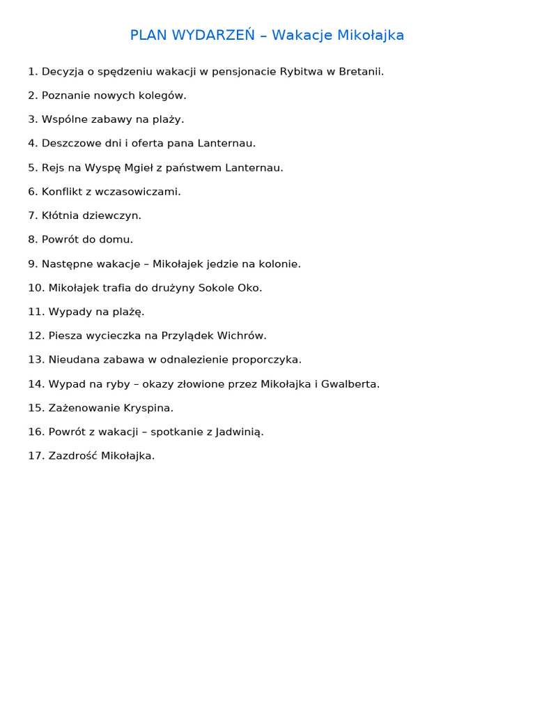 Plan Wydarzen W Stylu Plakatu Wakacje Mikolajka | PDF