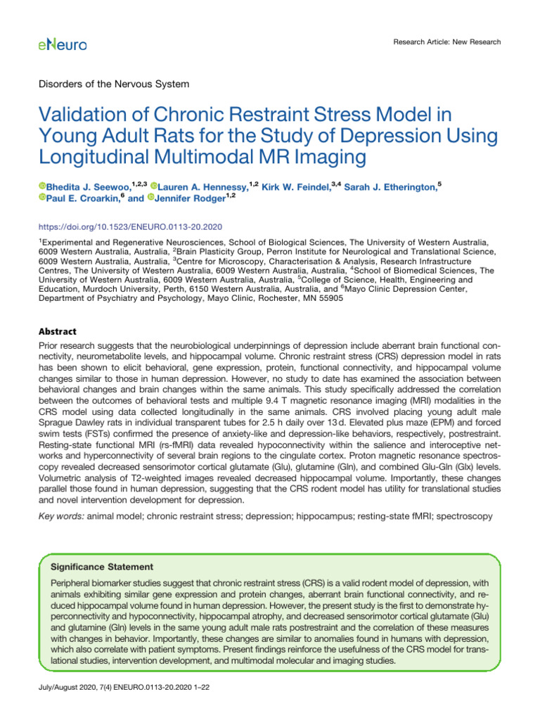 Validation of Chronic Restraint Stress Model in Young Adult Rats for ...