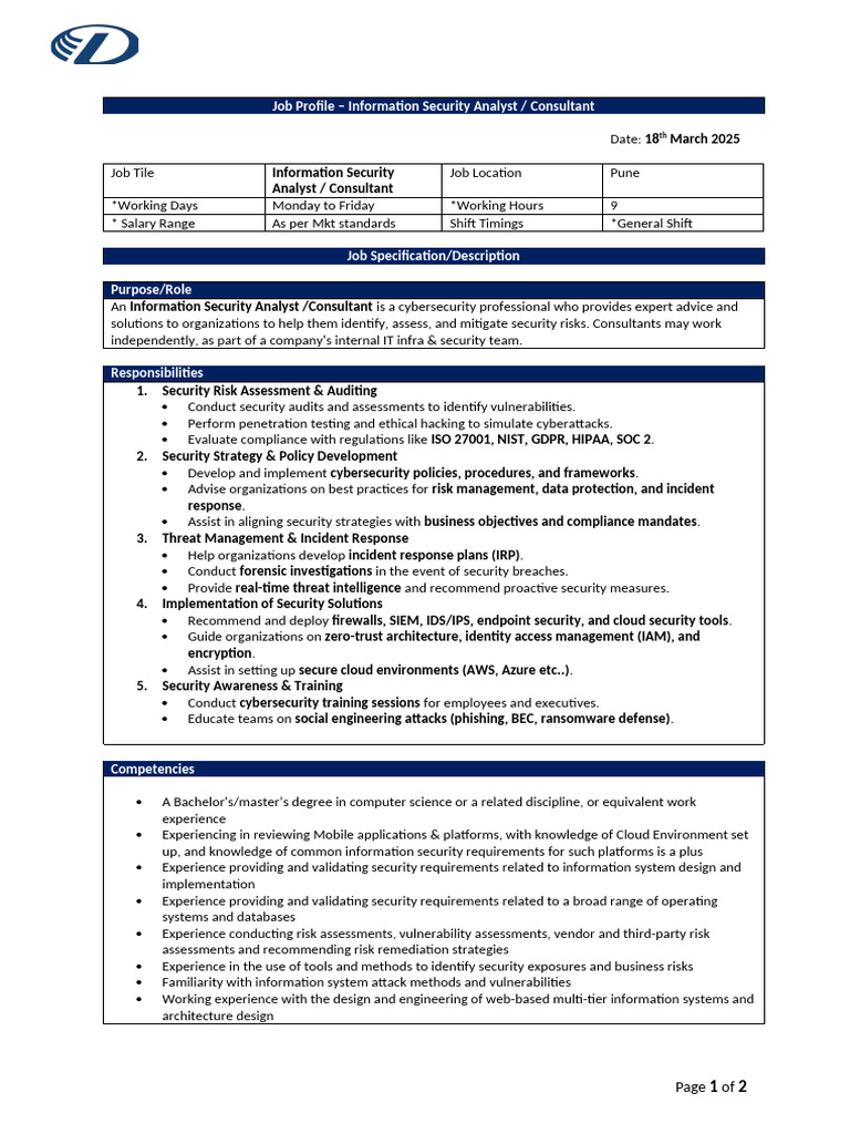 JD - Information Security Analyst | PDF | Security | Computer Security