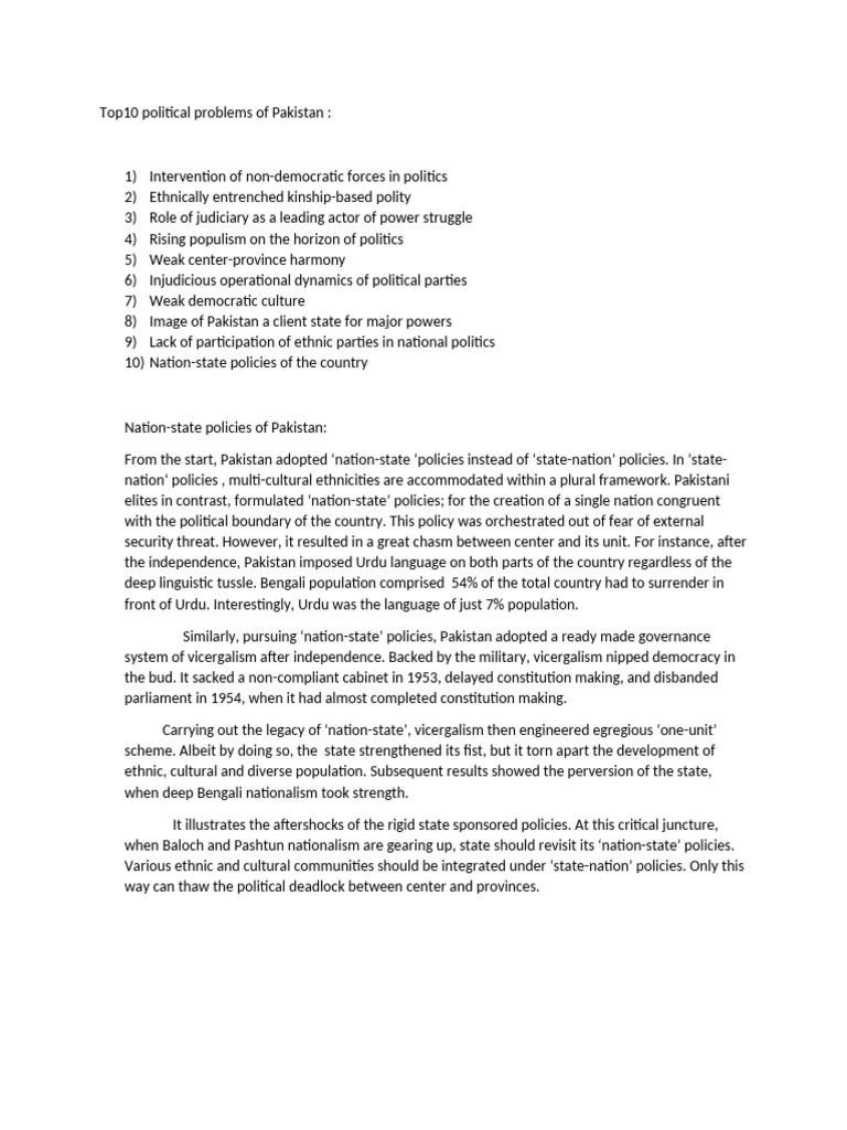 Top10 Political Problems of Pakistan | PDF | Nation State | Pakistan