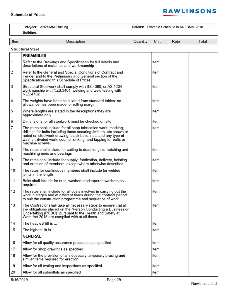 ANZSMM Example Schedule-Pages-1-11 | PDF | Screw | Structural Steel