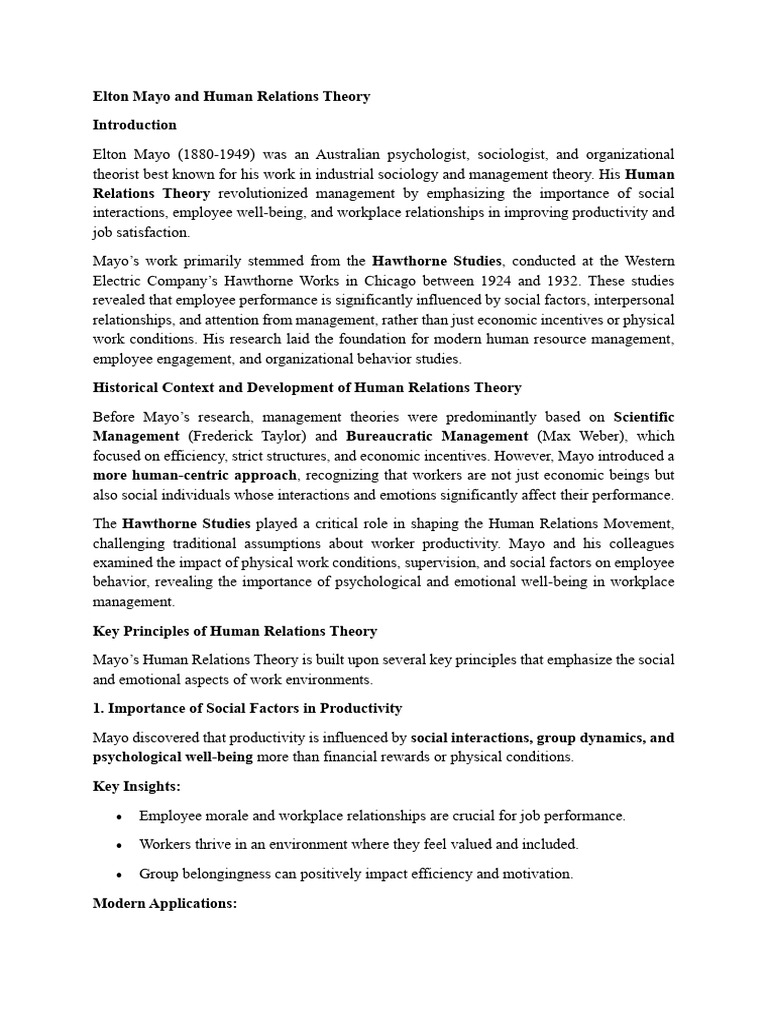 Elton Mayo's Human Relations Theory Explained | PDF | Leadership ...