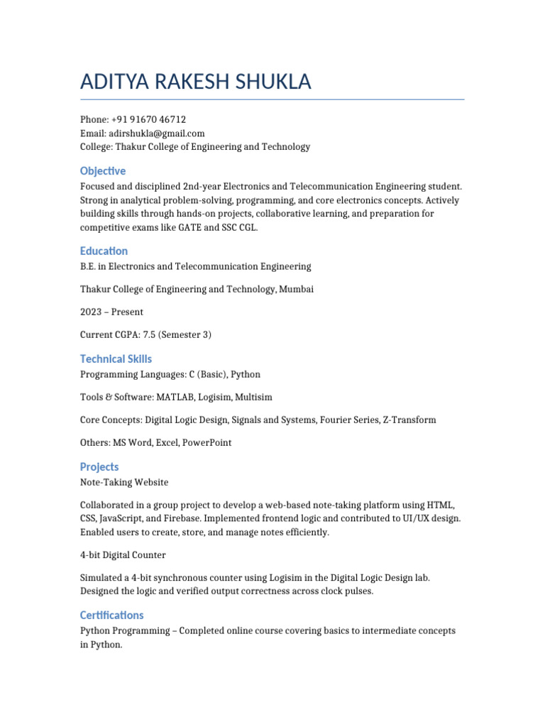 Aditya R Shukla CV | PDF