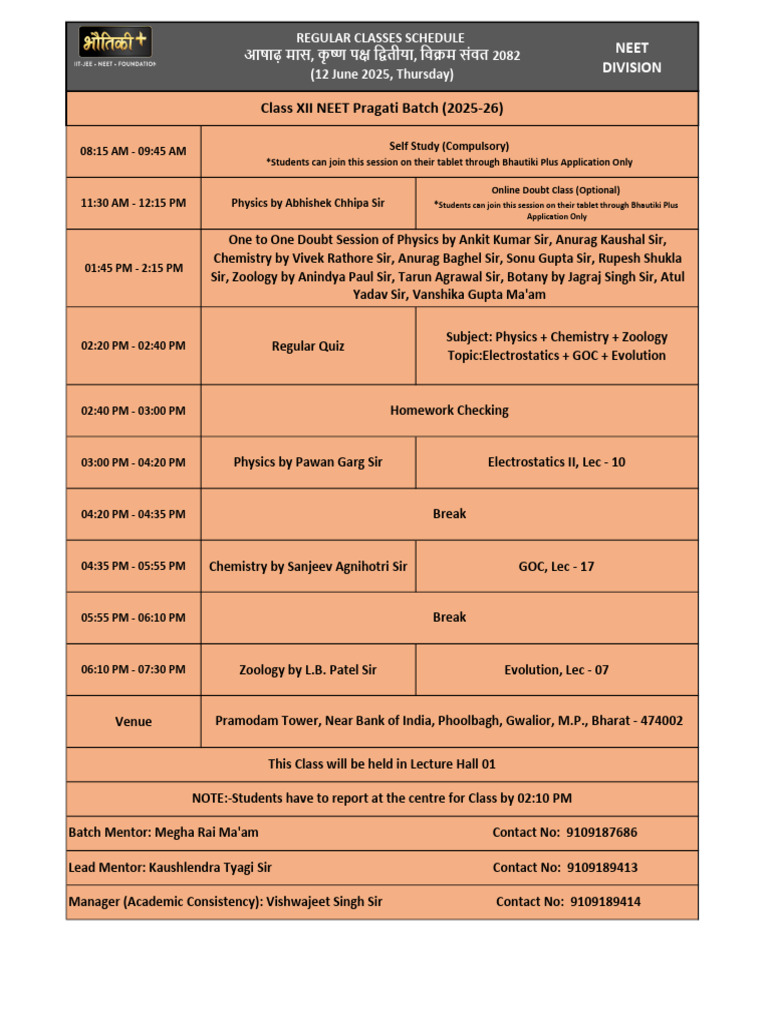 Regular Classes Schedule Class XII Pragati (12!06!2025) | PDF