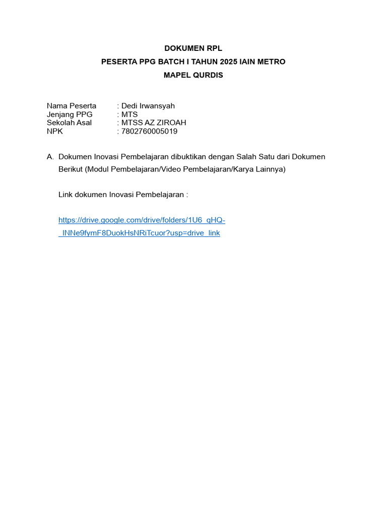 Contoh RPL untuk PPG 2025 IAIN Metro | PDF