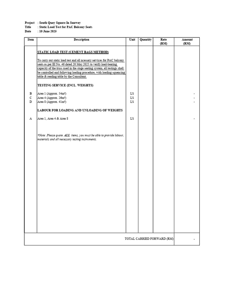 RFP01 BQ - Static Load Test For PAC Balcony Seats | PDF | Structural ...