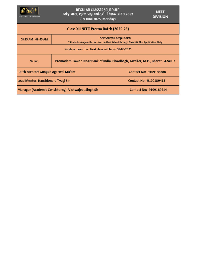 Regular Classes Schedule XII Prerna NEET (09!06!2025) | PDF