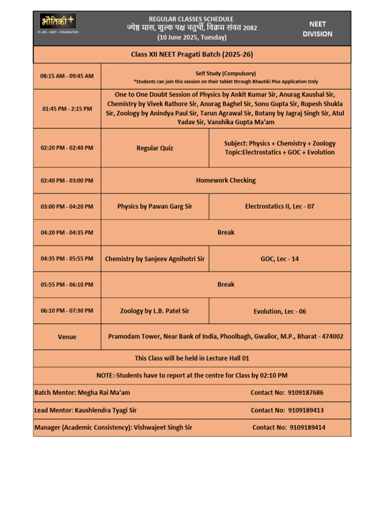 Regular Classes Schedule Class XII Pragati (10!06!2025) | PDF