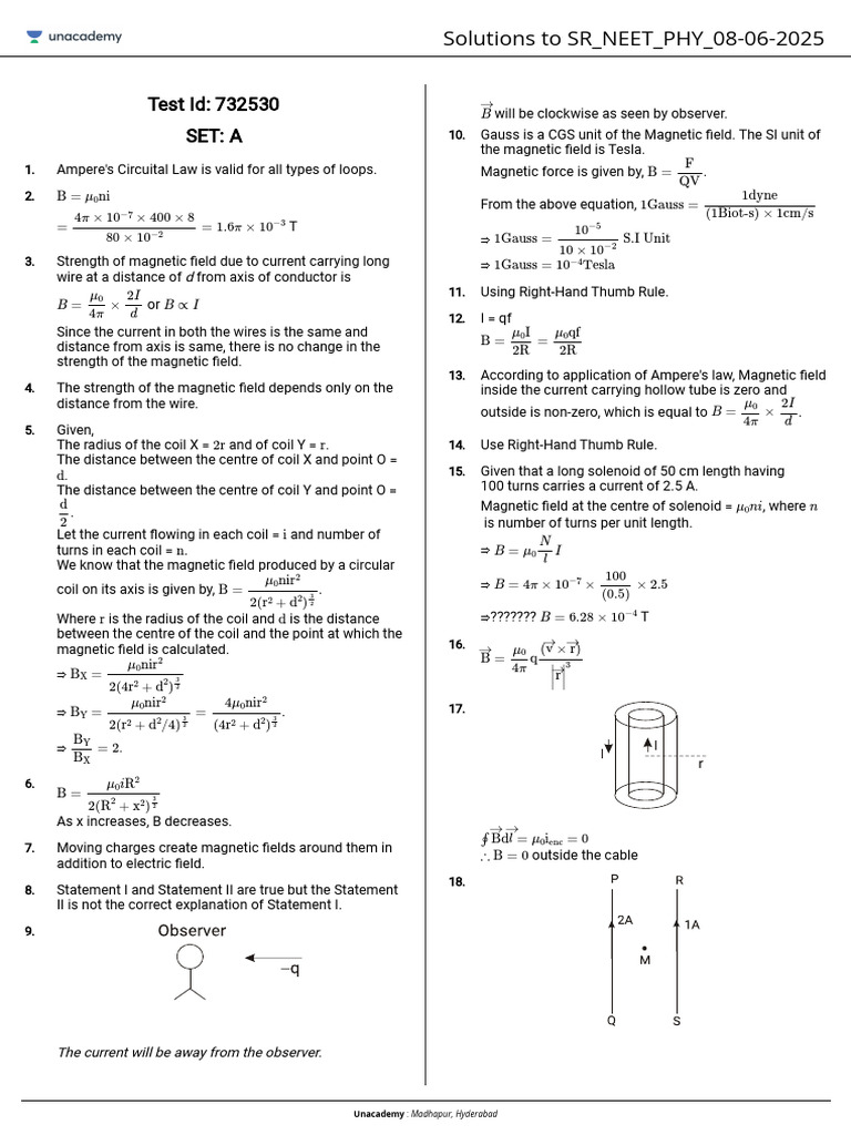 SR NEET PHY 08 06 2025-A-Solution-1749122095 | PDF | Magnetic Field | Electromagnetism