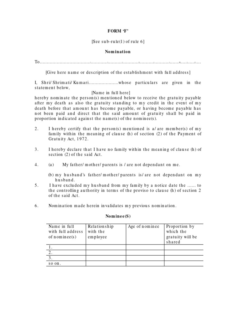 Gratuity Nomination Form 'F' Guide | PDF