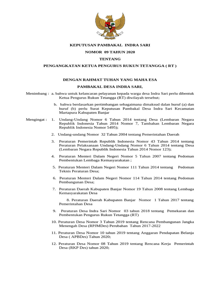 Pengangkatan Ketua RT Desa Indra Sari | PDF