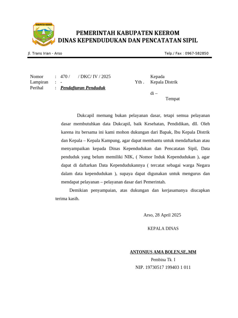 Permohonan Data Dukcapil Keerom | PDF